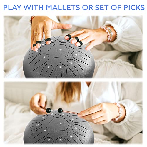 Premium Cast Iron Steel Tongue Drum 12โ 11 Notes, C Major Drum Percussion for Meditation Yoga Musical Education with Mallets and Finger Picks Best Gift for Adults and Beginner Children, Gray