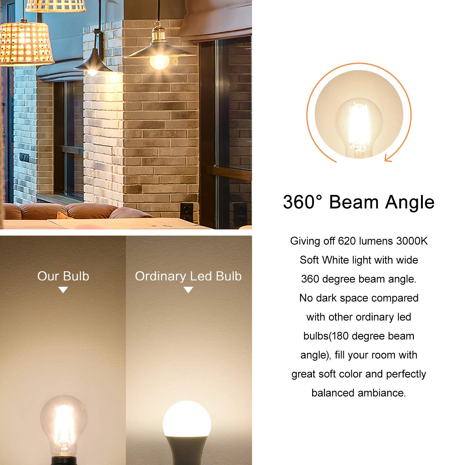 Boncoo A19 LED Edison Bulb Dimmable 6W LED Filament Light Bulbs 60W Incandescent Equivalent Led Vintage Bulb 3000K Soft White 620LM E26 Medium Base Clear Glass for Home, Office, 6 Pack