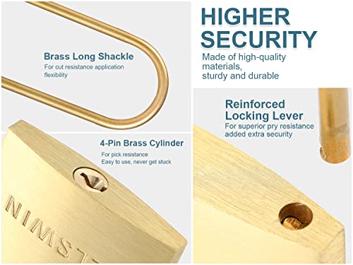 DELSWIN Keyed-Alike Solid Brass Padlock - Small Pad Locks with Same Key Weatherproof Long Shackle Lock for School Gym Locker and Tool Box, Pack of 2