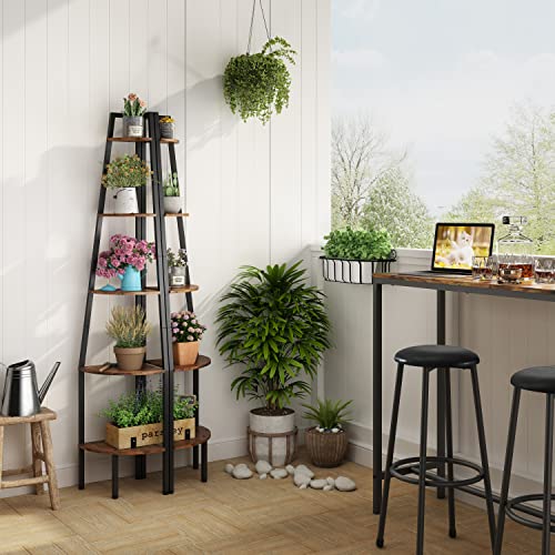 Hoctieon Corner Shelf, Industrial 5-Tier Corner Bookshelf, Rustic Corner Ladder Shelf, Corner Bookcase for Small Spaces, Bedroom, Living Room, Home Office, Kitchen, Balcony, Rustic Brown