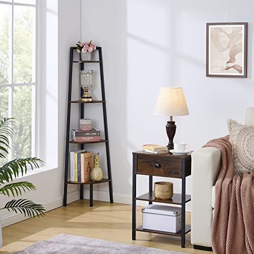 Hoctieon Corner Shelf, 4-Tier Corner Bookshelf, Rustic Corner Ladder Shelf, Industrial Display Shelf for Living Room, Kitchen, Home Office, Balcony, Small Space, Metal Frame, Rustic Brown