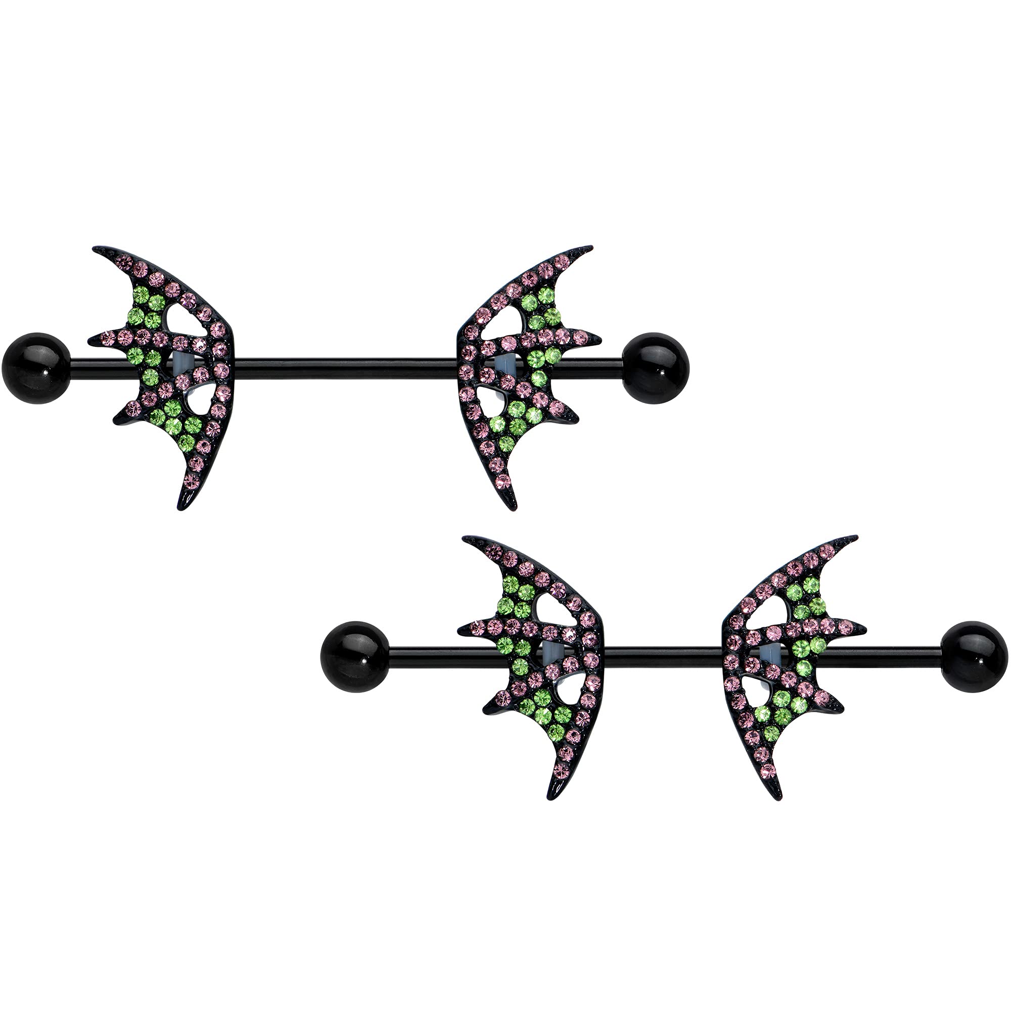 Body Candy 14G Womens Nipplerings Piercing Black PVD Steel 2Pc Pink Green Bat Wing Nipple Ring Set 20mm