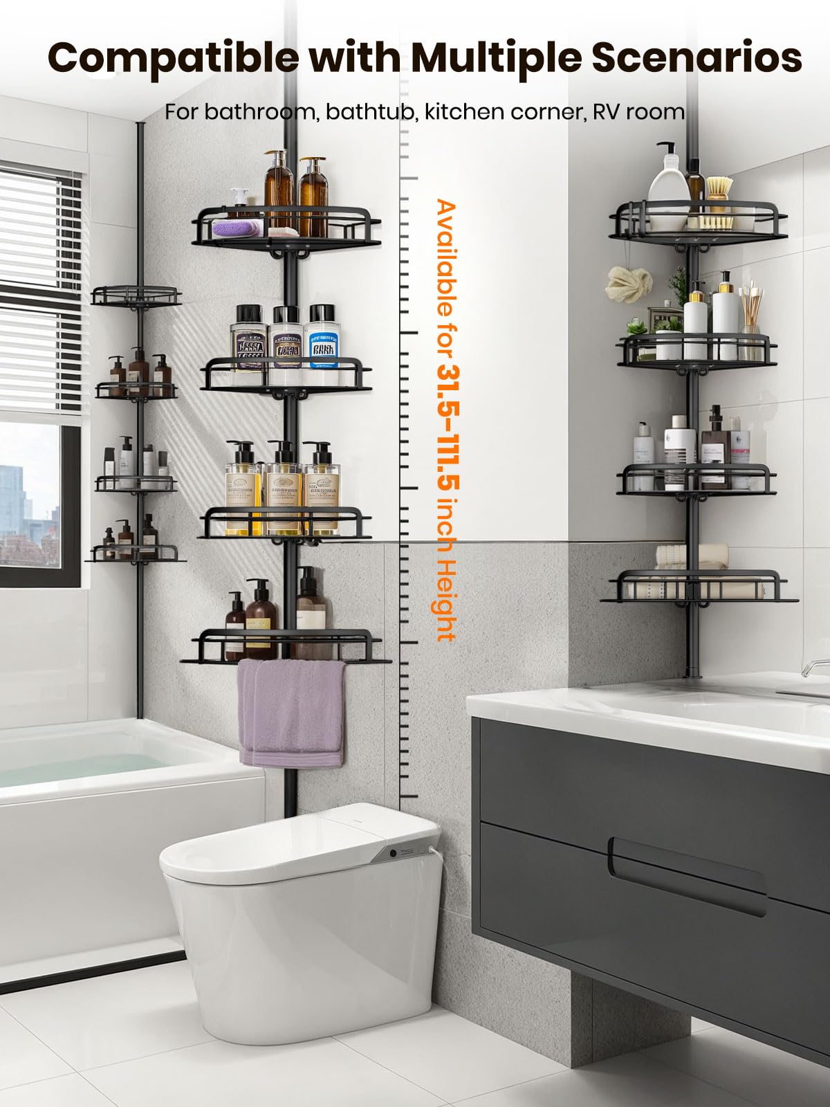 ENRUNEST Corner Shower Caddy Tension Pole for Bathroom Organizer,Tension Shower Caddy Corner,4 Tier Rustproof Larger Capacity Shelves,Adjustable 31.5 to 111.4 Inch,Black