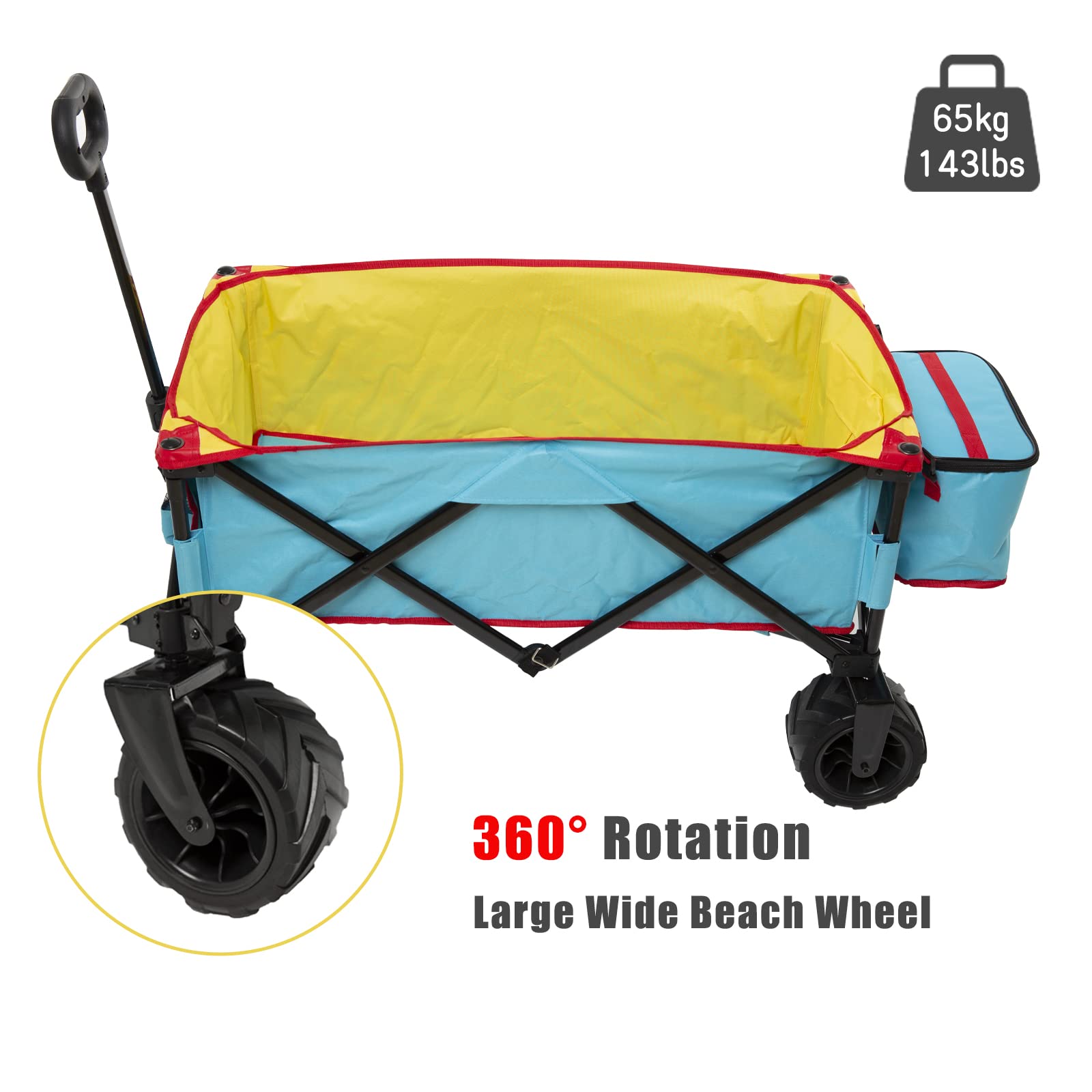 CharaVector Folding Wagon Cart,Beach Wagon with Big Wheels for Sand, Cooler Bag, Cup Holders and Side Bag, Collapsible Beach Wagon for Shopping, Camping, Garden