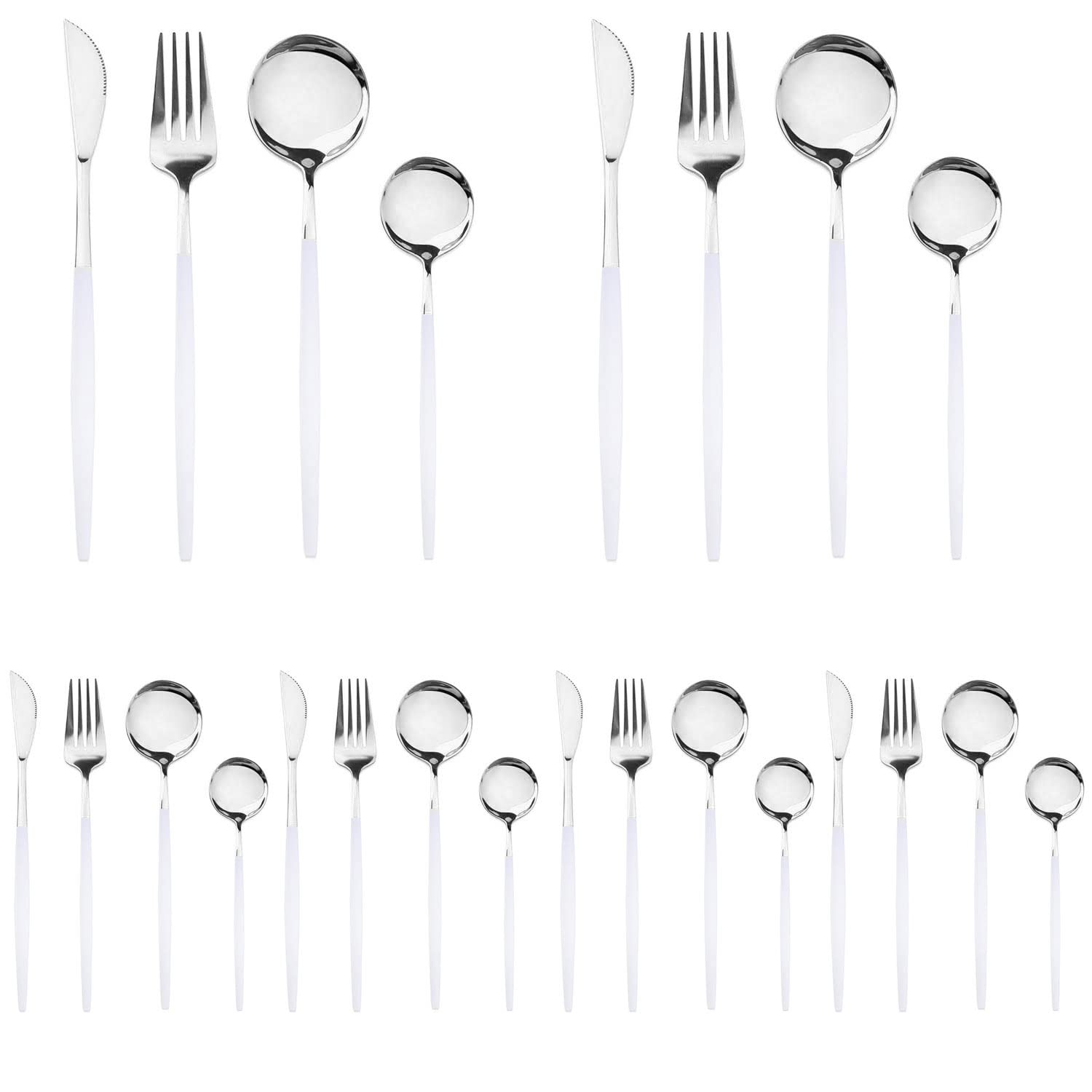 Dnalrhoi 24-Piece Korean Silverware Sets Mirror Polished Stainless Steel Western Flatware Cutlery Set Service for 6 Including Forks Spoons Knives Kitchen(White Silver)