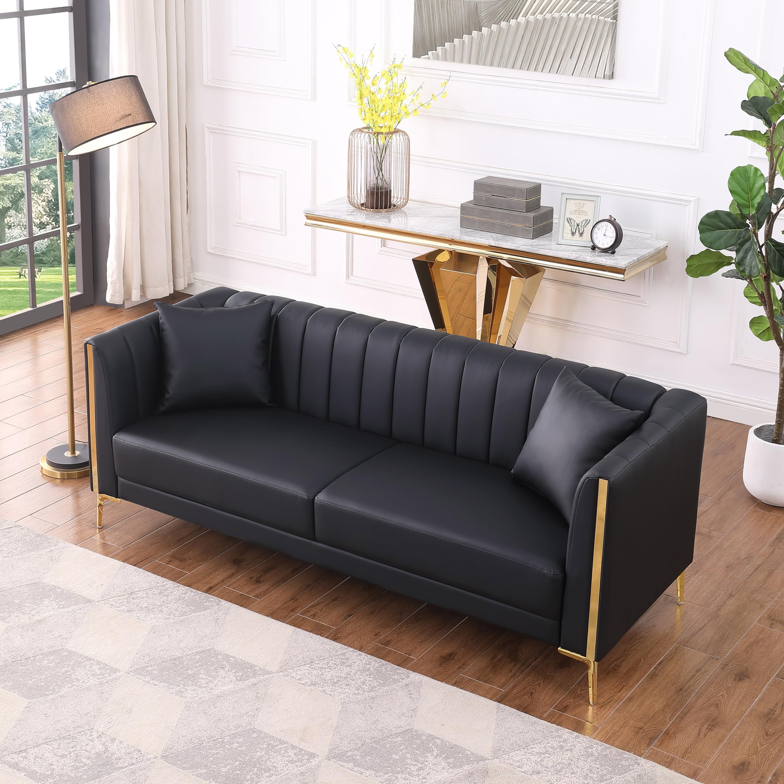 FOTOSOK 78'' Sofa, Modern Leather Couches for Living Room, Comfy, Faux Leather Sofa 3 Seater Sofa with 2 Throw Pillows and Gold Metal Legs, Deep Seat Sofas (Brown)
