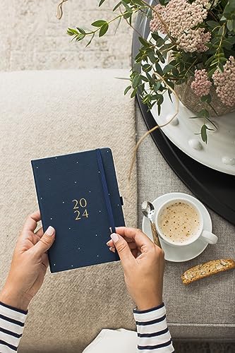 Busy B Busy Life Diary January to December 2024 - A5 Navy - Faux Leather Week to View Planner with Dual Schedules, Pen Holder and Pockets