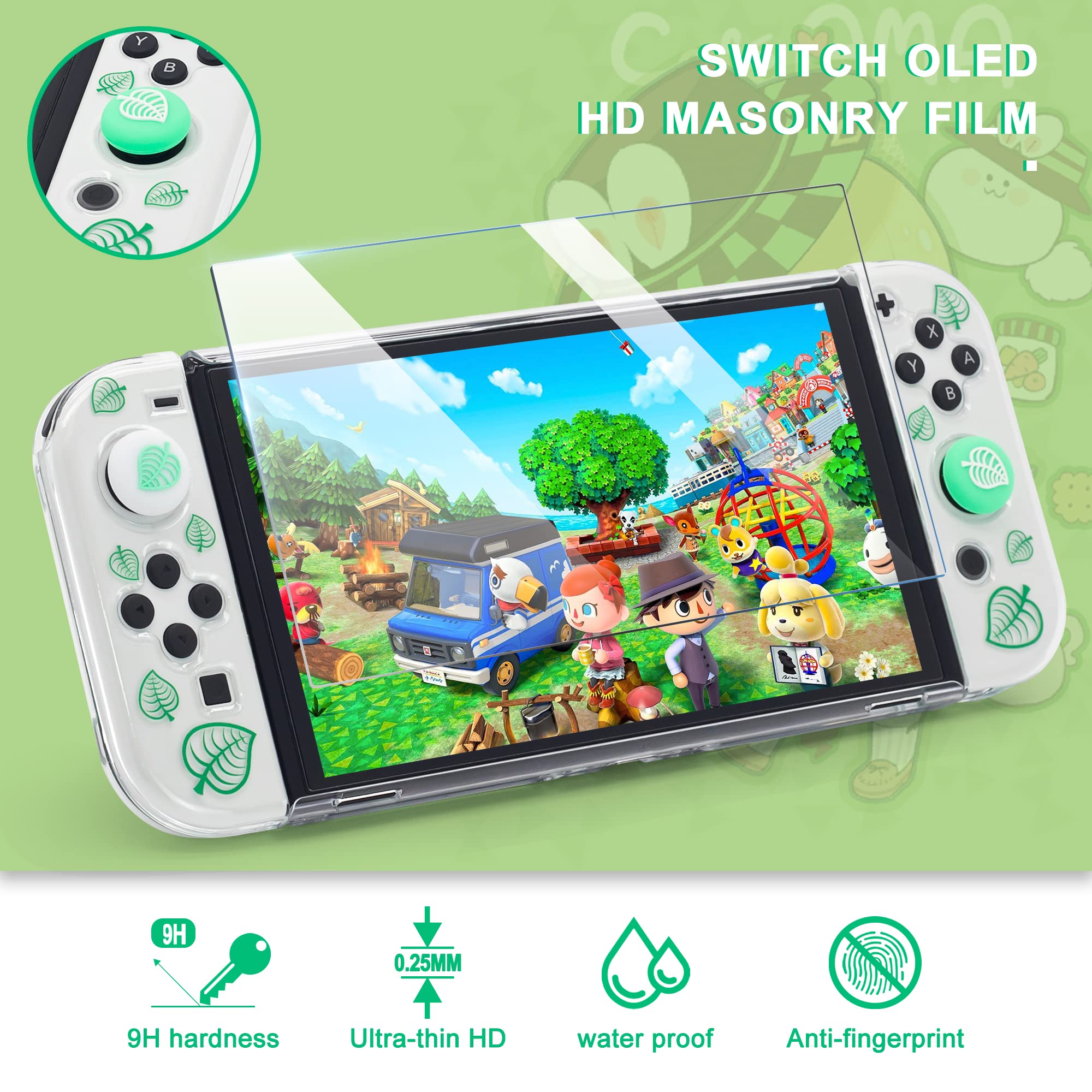 Carrying Case Kit for Switch OLED Accessories Bundle Leaf Potable Carry Storage Bag for Animal Crossing with Cute Pendant / Dockable Clear Cover / Screen Protector Protective Thumb Grip Caps
