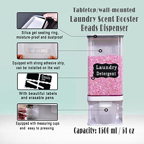 Sparktime Laundry Detergent Dispenser for Scent Booster Beads, Wall Mounted Dry Food Storage Container with Measuring Cups, Suitable for Rice, Beans, Solid Grain, Laundry Scent Beads(1500ml)
