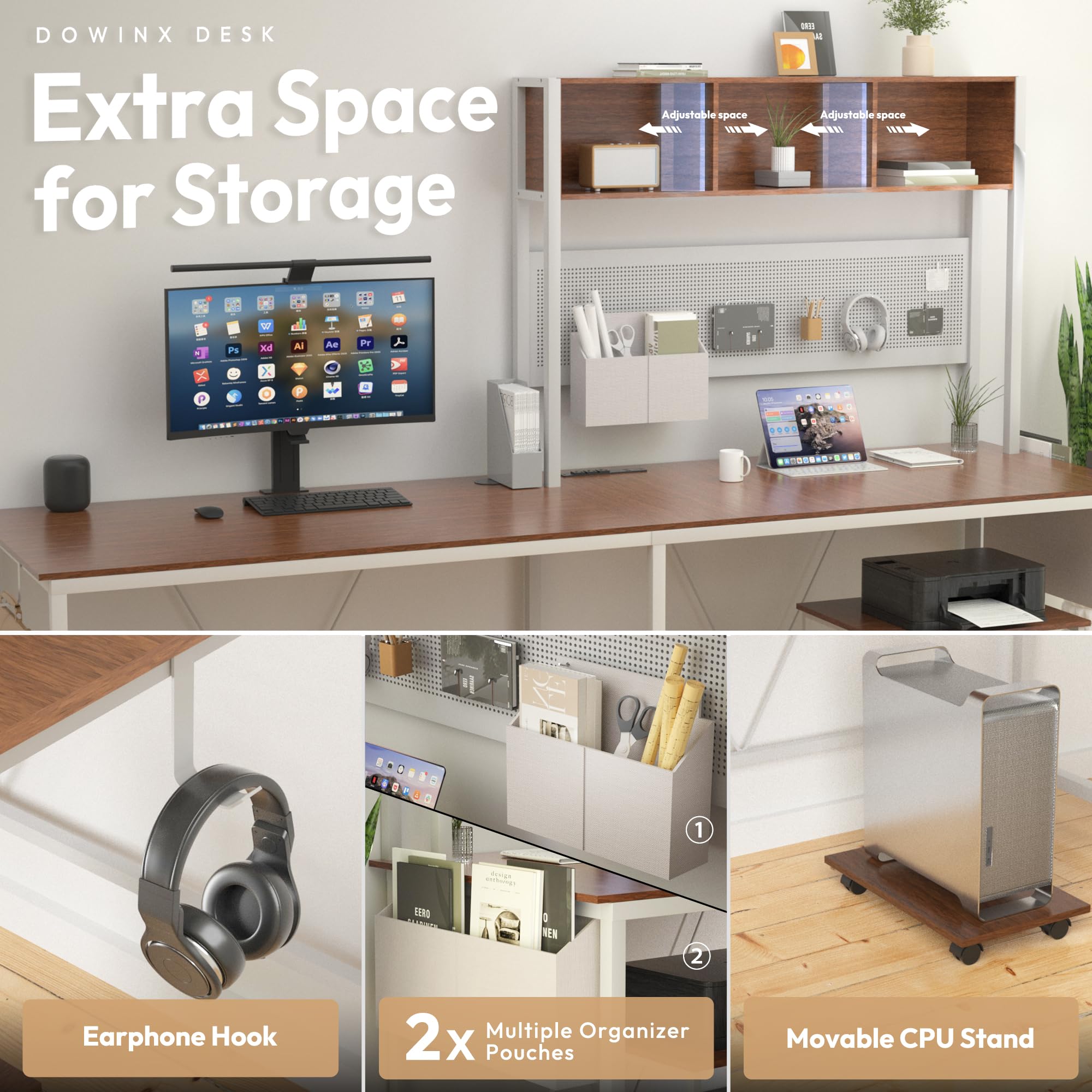 Dowinx L Shaped Desk with Pegboard and Removable Filing Cabinet, Reversible 67β Computer Gaming Desk with Power Outlet and Led, Office Corner Desk with Storage for Home Game, Brown