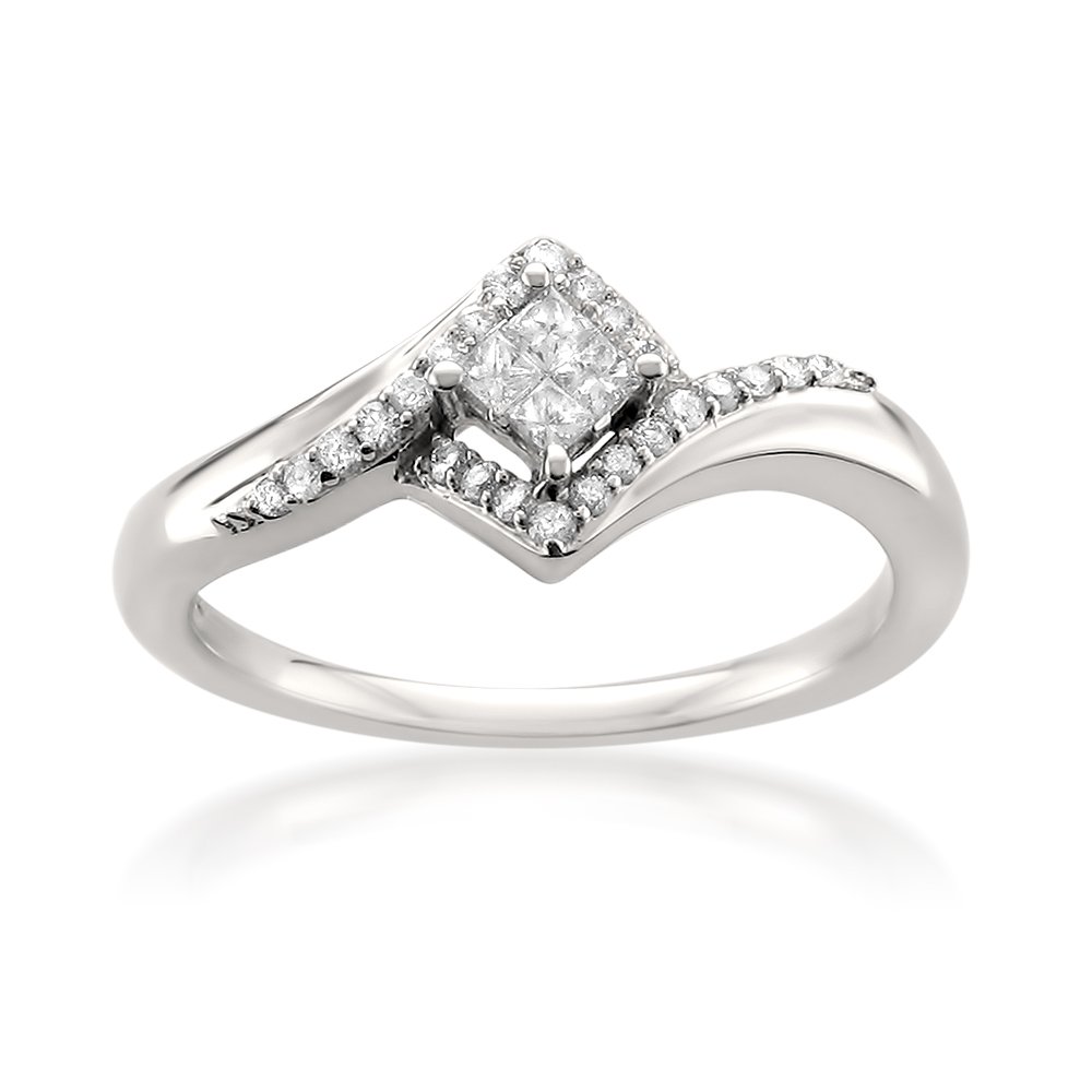 Beyond Brilliance 1/4 Carat Diamond, Invisible-Set 14K White Gold Princess Cut & Round Diamond Invisible-Set Engagement Ring (I-J, I1-I2)