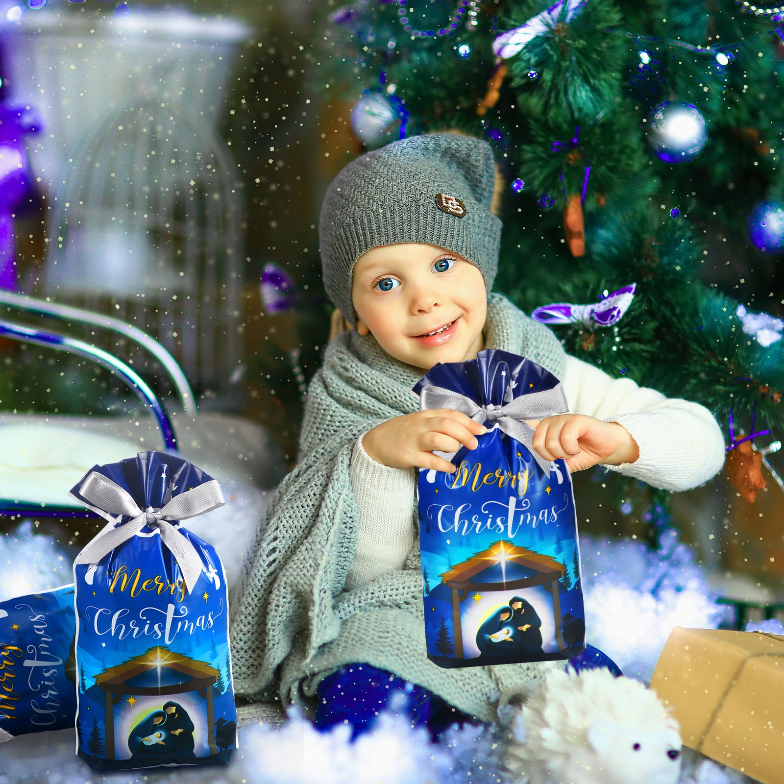 Funrous 50 Pcs Christmas Nativity Gift Bags Christmas Drawstring Plastic Bag Bulk Religious Gift Bags with Ties Xmas Holy Gift Wrapping Sacks for Birthday Party Treat Candy Goody Christmas Presents