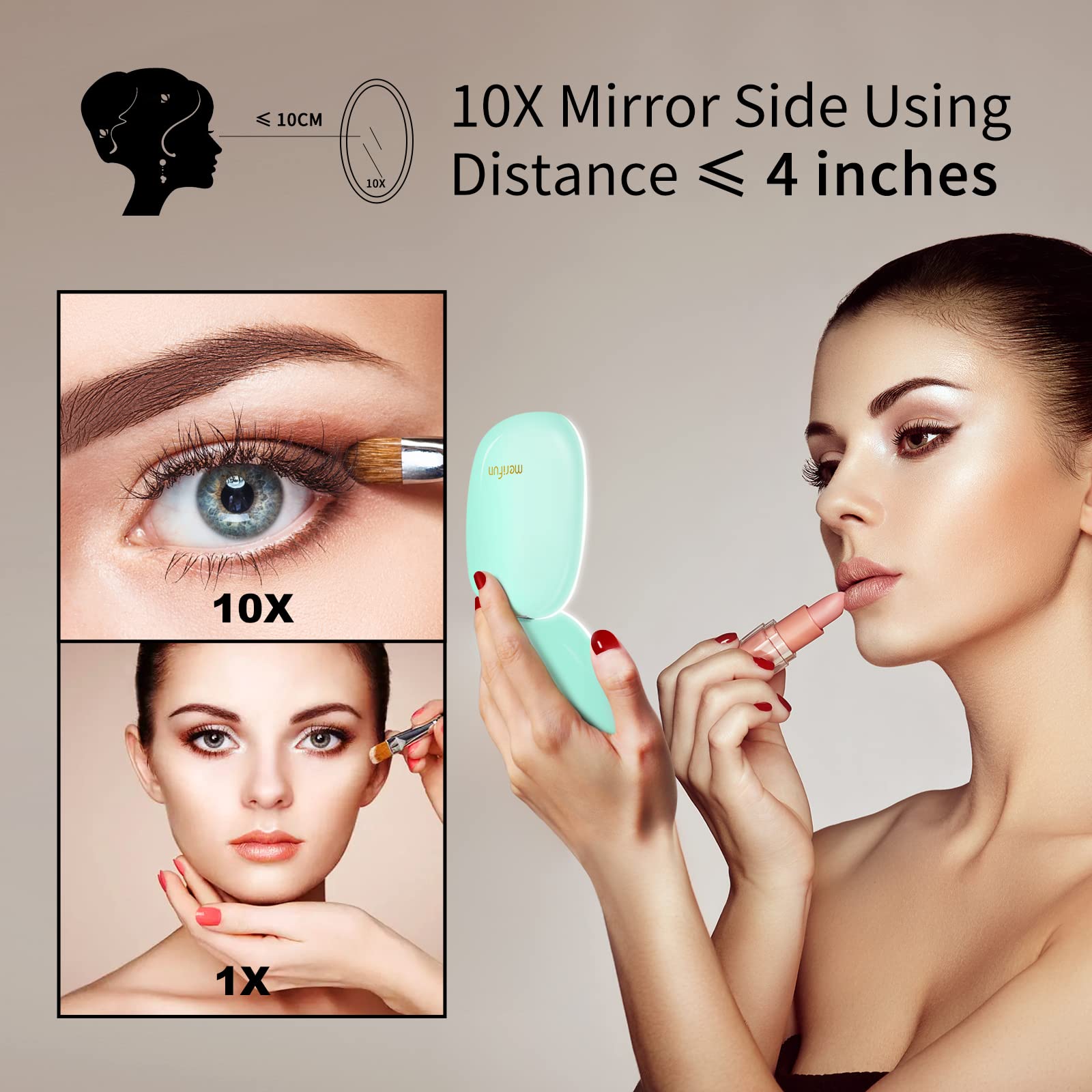 merifun LED Lighted Compact Makeup Mirror, Travel Magnifying Mirror 1x/10x - 56 LED Lights, Touch Sensor, 3 Colors Lights & Brightness Dimmable- Magnetic Closure, Rechargeable (Aqua)