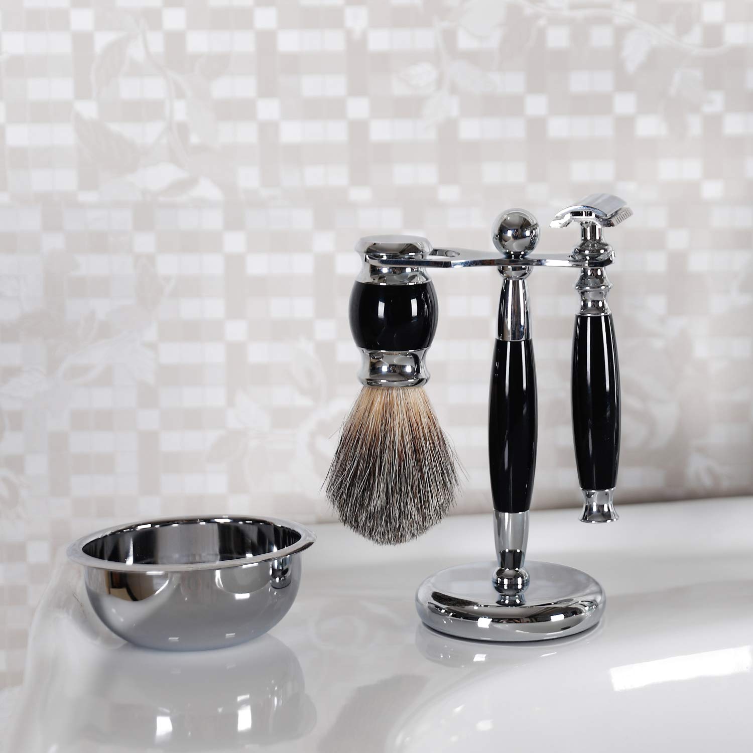 Deluxe Stainless Steel Shaving Brush Stand Holder for Razor & Brush - Extra Wide Openings, Weighted Base Black Handle