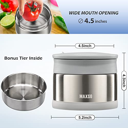 MAXSO Soup Thermos for Hot Food - 24 oz Vacuum Insulated Lunch Container with Foldable Spoon & Thermal Bag, Wide Mouth Bento Box for Adults (Silver)