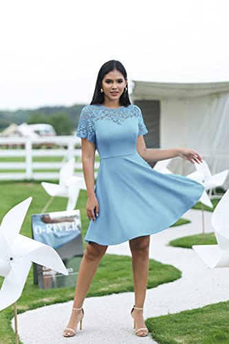 Kate Kasin Women's Retro Crewneck Lace Splicing A Line Cocktail Dress Formal Wedding Guest Party Sexy Prom Dresses Short Light Blue S
