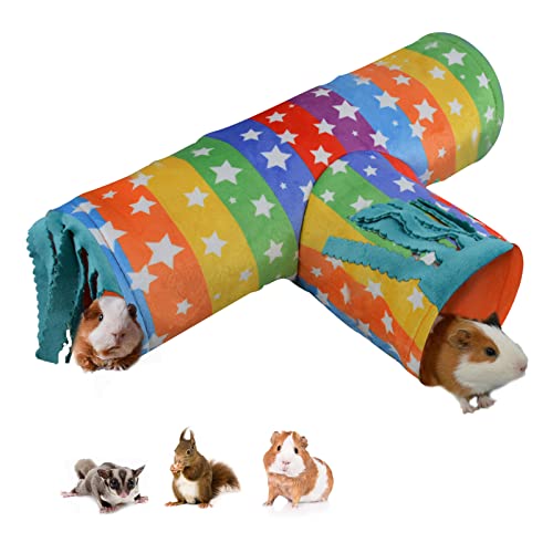 Guinea Pig Tunnel-HOMEYA Guinea Pig Hideout,Collapsible 3 Way Hamster Play Tubes with Fleece Forest Curtain,Small Animal Pet Toys and Cage Accessories for Rabbit Bunny Ferret Rat Hedgehog