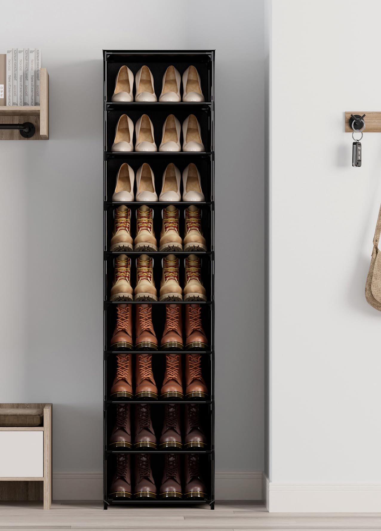 FIDUCIAL HOME 18 Pairs Shoe Cubby 9 Tiers Covered Shoe Rack Shelf Storage Organizer Tall Narrow Space Saving for Entryway Closet