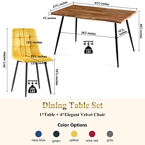 NORDICANA 5-Piece Dining Table Set, 47 in Modern Irregular Rectangle Kitchen Table & 4 Yellow Velvet Upholstery Side Chairs, Metal Legs, Dining Room Set for 4