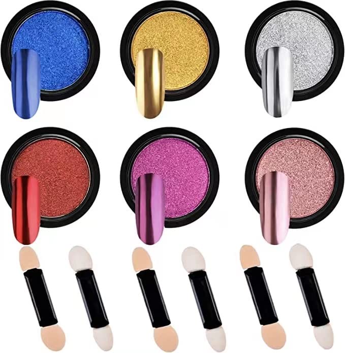 UIIOPJIOM Chrome Nail Powder 6 Colors Holographic Nail Powder Gold Sliver Red Blue Metallic Mirror Effect Pigment Nail Glitter Powder with 6 Pieces Eyeshadow Sticks for DIY Home Salon Nail Art Decor.