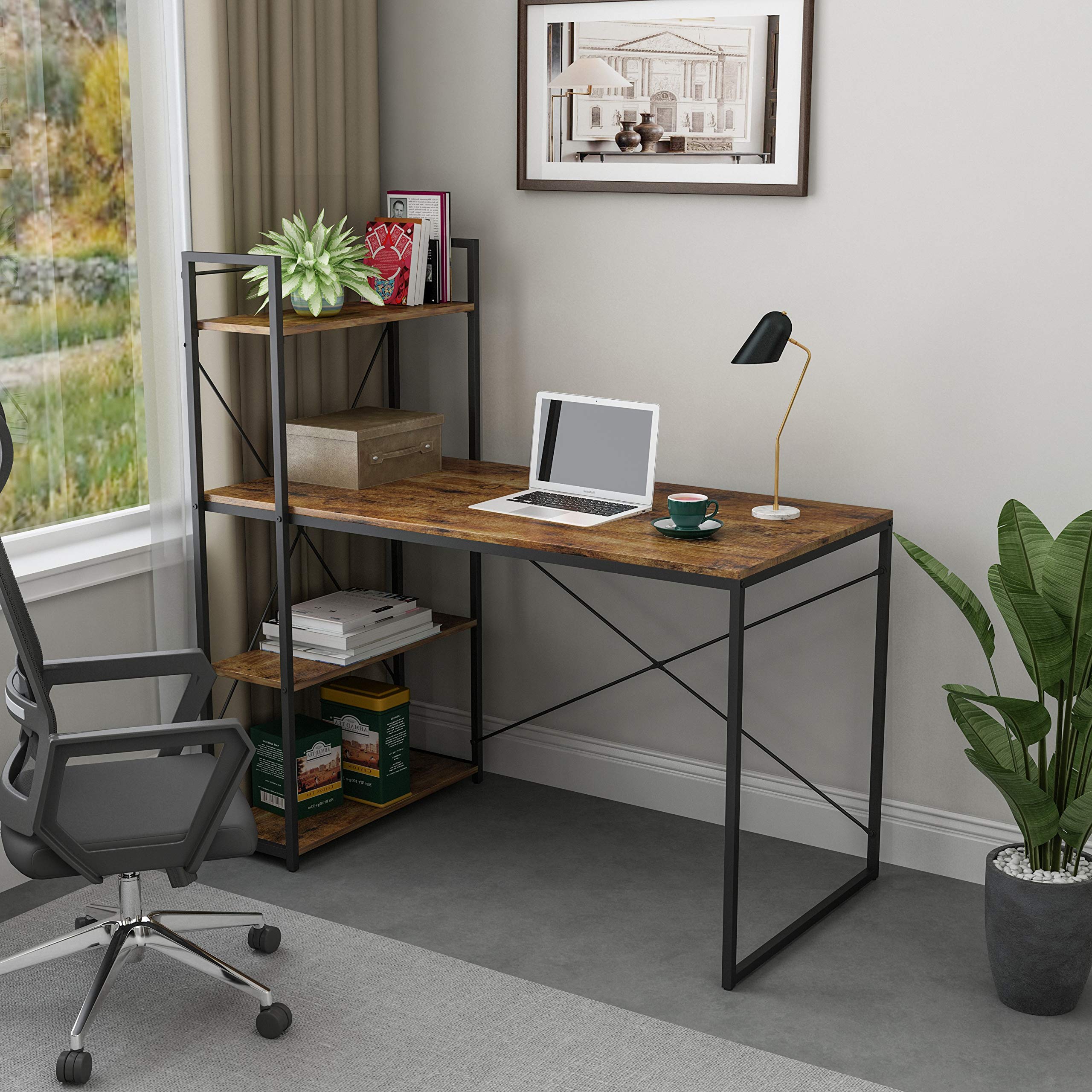 Computer Desk with Three Shelves 47 Inch,Home Office Desk with Storage Bookshelf, Study Writing Desk Industrial Style PC Laptop Table,Easy Assemble (Multi)