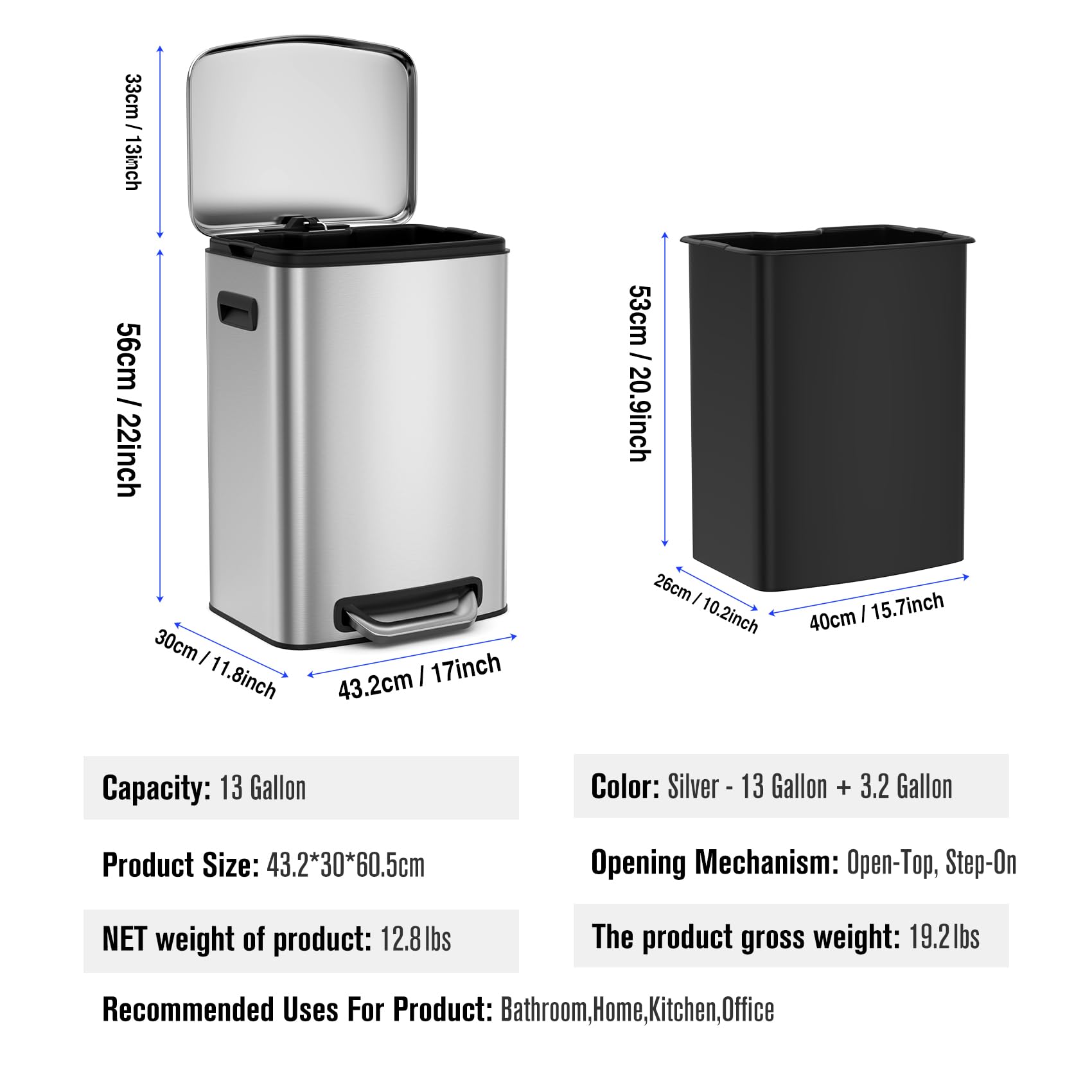 Ufurpie Rectangular 13 Gallon Trash Can with Foot Pedal, Kitchen Stainless Steel Thickened Trash Can with Soft Close Lid, 50L Large Garbage Can Perfect for Bedroom, Living Room, Bathroom, Office