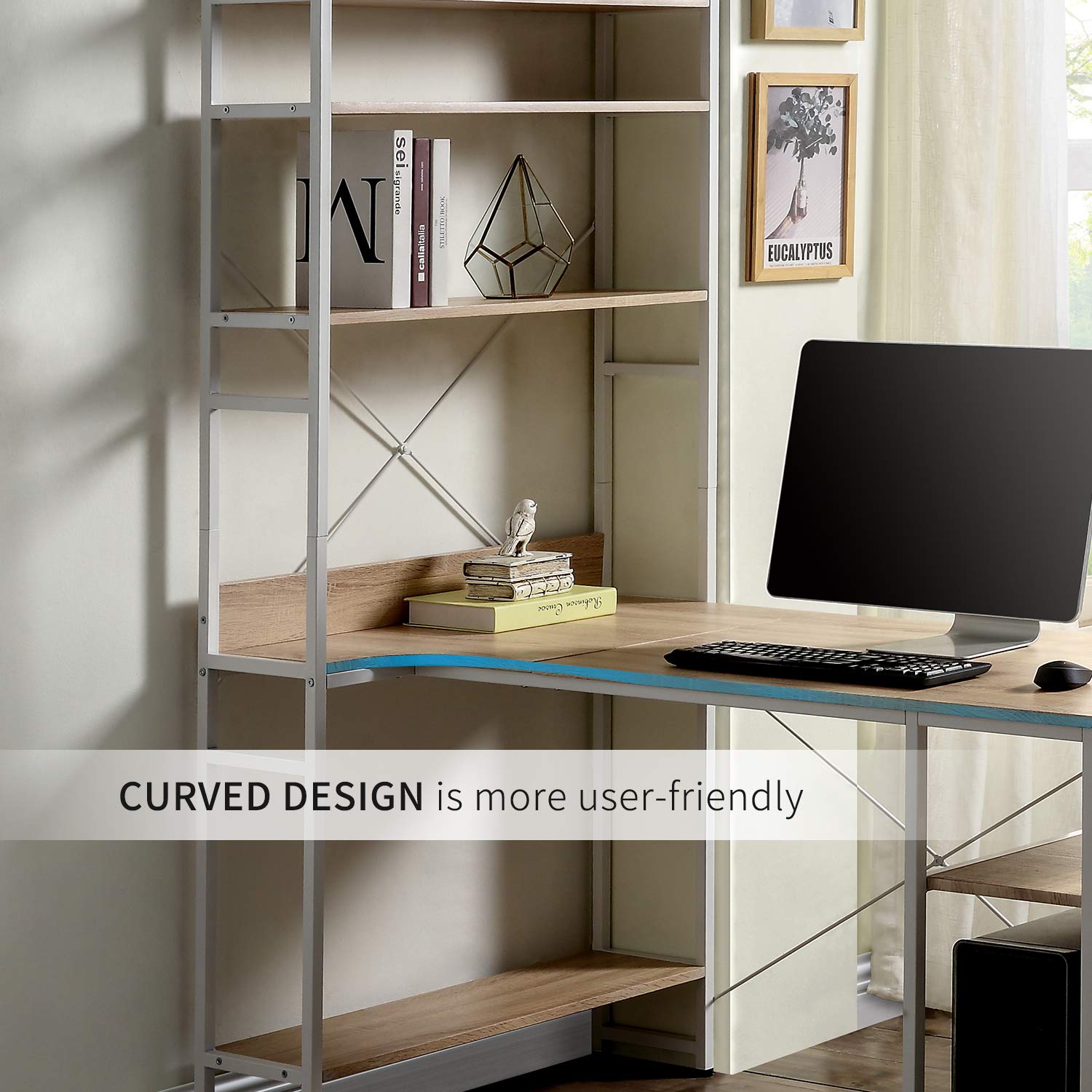 Computer Desk with 5 Tier Storage Shelves, 54 inch Home Office Desk Study Writing Table Workstation with Bookshelf and Tower Shelf for PC Laptop Sewing (White)
