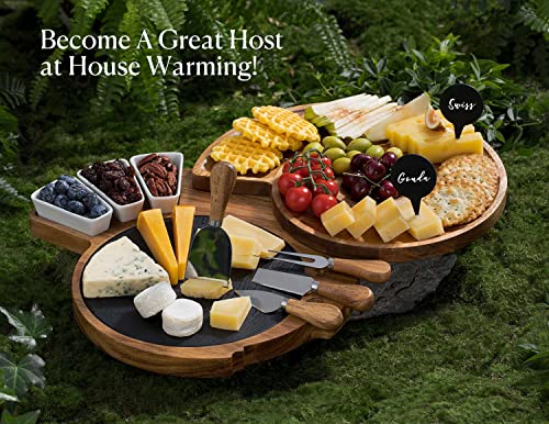 Dofira Nautilus Cheese Board and 4 Knife Set, Acacia Wood Large Round Charcuterie Board Kit with Slate Platter & Ceramic Bowls, Kitchen Gift Set for Housewarming, Bridal Shower, Wedding, Anniversary