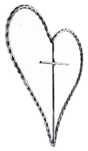 Top Brass Metal Heart/Cross Wall Decor - 12" Rustic Jesus Love Art Plaque (Antique Silver)
