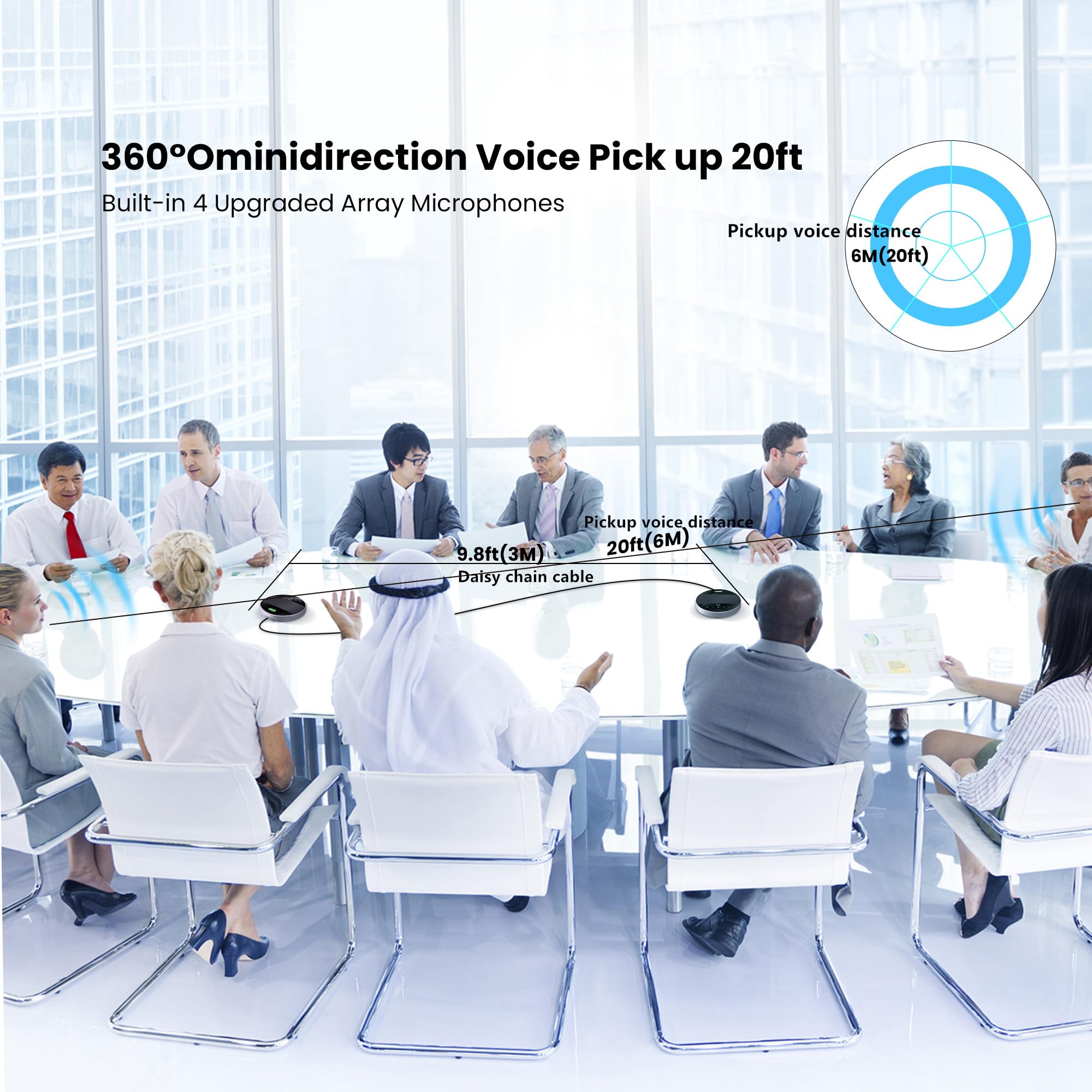 TONGVEO Bluetooth Speakerphones Conference Microphone,2 in 1 Daisy Chain Conference Speakers with Microphone,360° Voice Pickup Noise Reduction 8 Hour Call Time for up to 20 Attendees Meeting