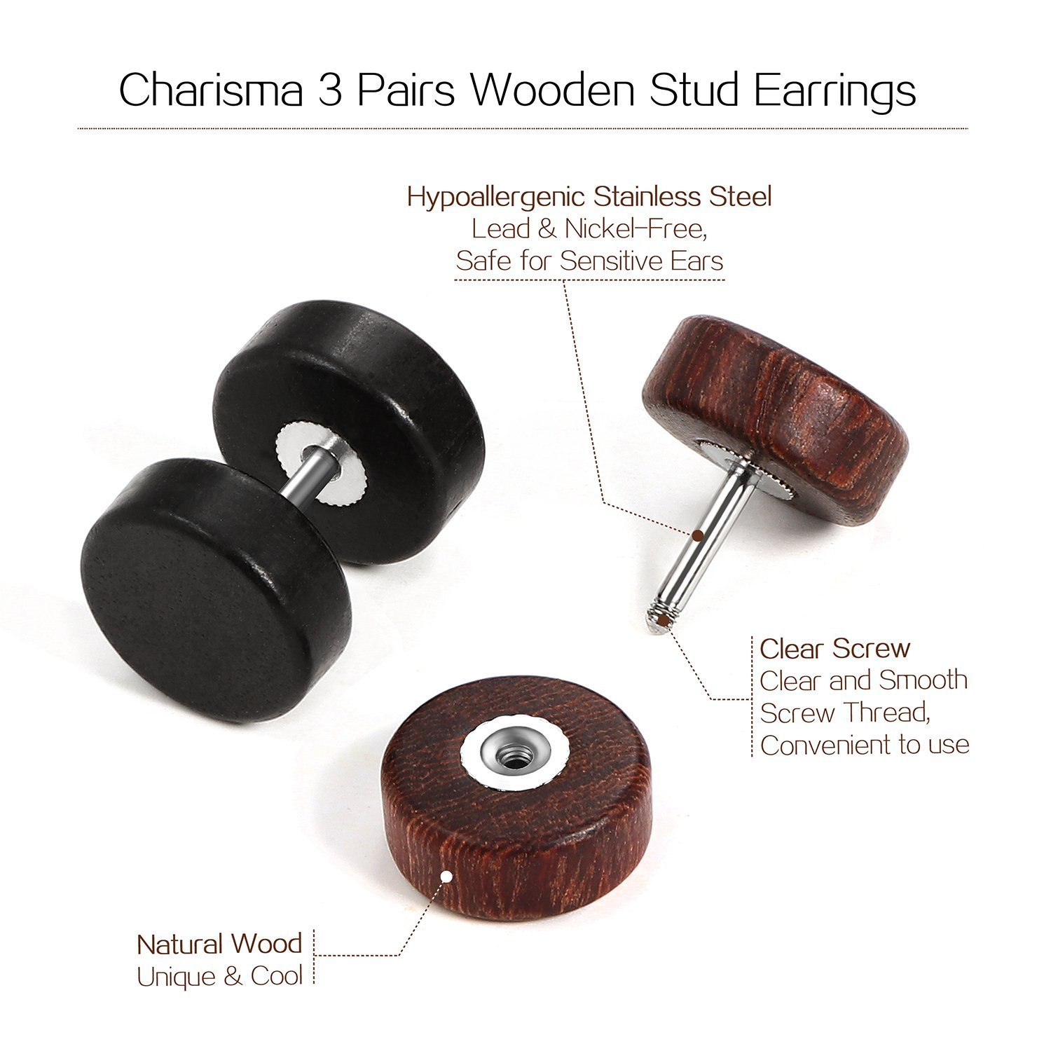 Charisma 10mm Wooden Vintage Stainless Steel Stud Earrings Ear Plugs Piercings Hypoallergenic Screw 3 Pairs