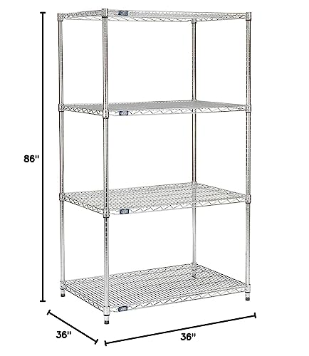 Nexel Adjustable Wire Shelving Unit, 4 Tier, Commercial Dry Storage Rack, 36" x 36" x 86", Chrome