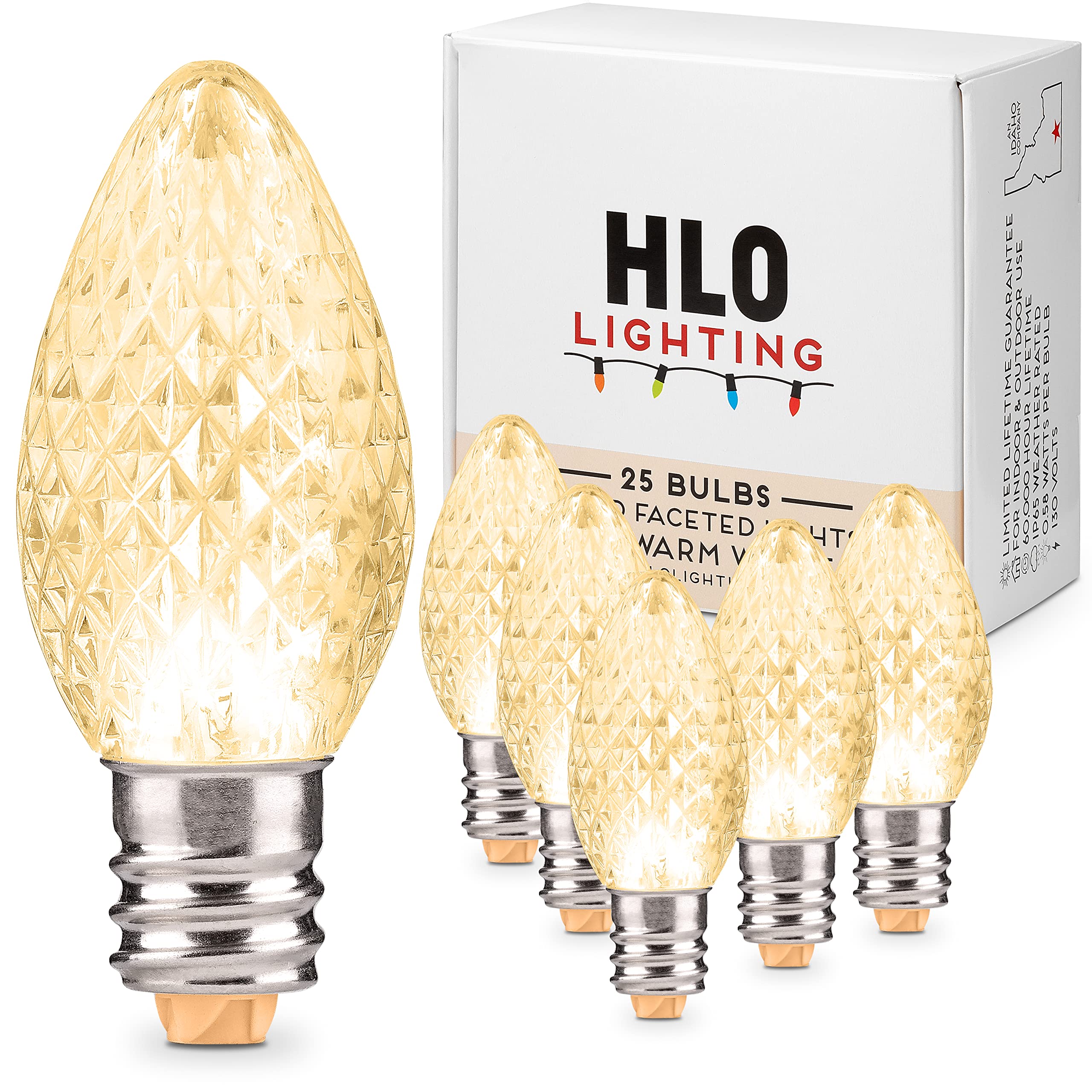 Holiday Lighting Outlet Faceted C7 Christmas Lights | Sun Warm White LED Light Bulbs Holiday Decoration | Warm Christmas Decor for Indoor & Outdoor Use | 2 SMD LEDs in Each Light Bulb | Set of 25