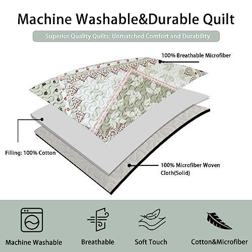 zhuzai 3 Piece Patchwork Quilt Set Full/Queen Size, Green Plaid Floral Bedspread Lightweight Reversible Microfiber Bedding with 2 Shams Shabby Chic Rose Comforter for All Season, 90''x96''