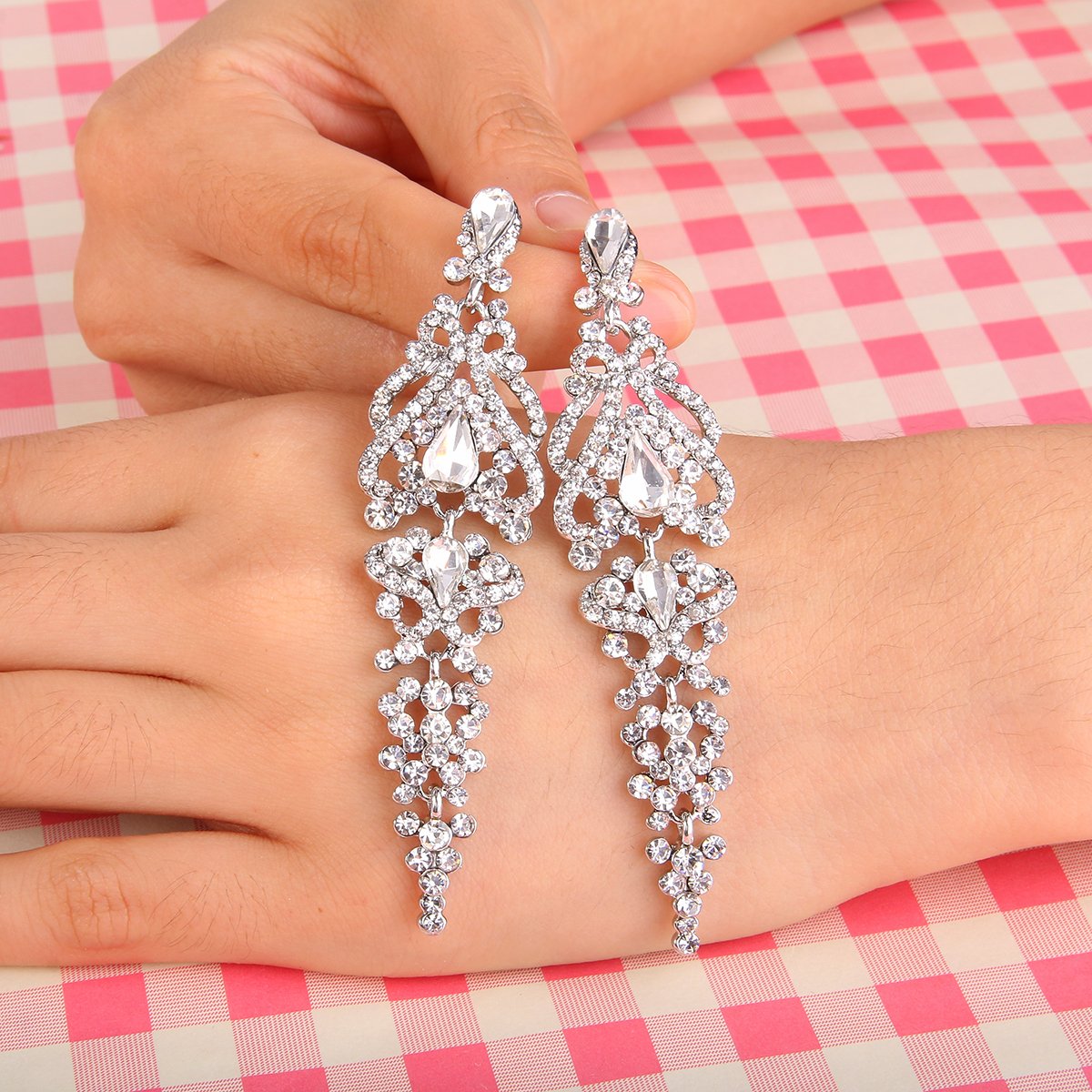 BriLove Wedding Bridal Dangle Earrings for Women Crystal Cluster Teardrop Earrings Clear Silver-Tone