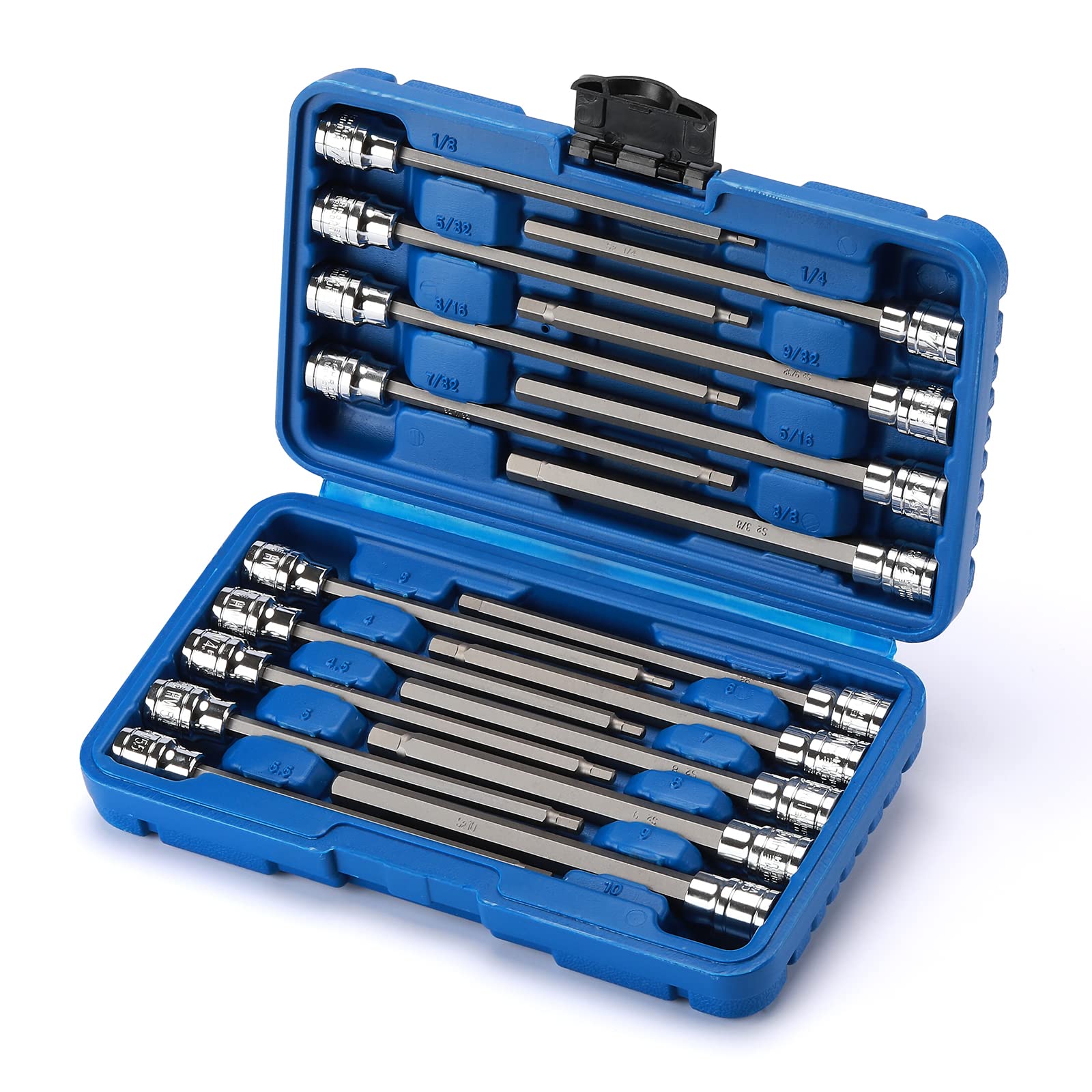 EMENTOL 18PCS 3/8" Drive Long Hex Bit Socket Set, CR-V, S2 Steel, SAE/Metric, Extra Long Allen Hex Bit Socket Set, 1/8 Inch - 3/8 Inch, 3mm - 10mm