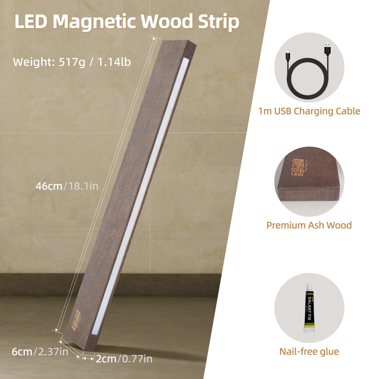FINDKING 18 Inches Lighted Magnetic Knife Strip, Backlit LED Utensil Holder for Wall and Refrigerator, Magnet Knife Rack for Home Kitchen, No Drill (Ash Wood, Dark Brown)