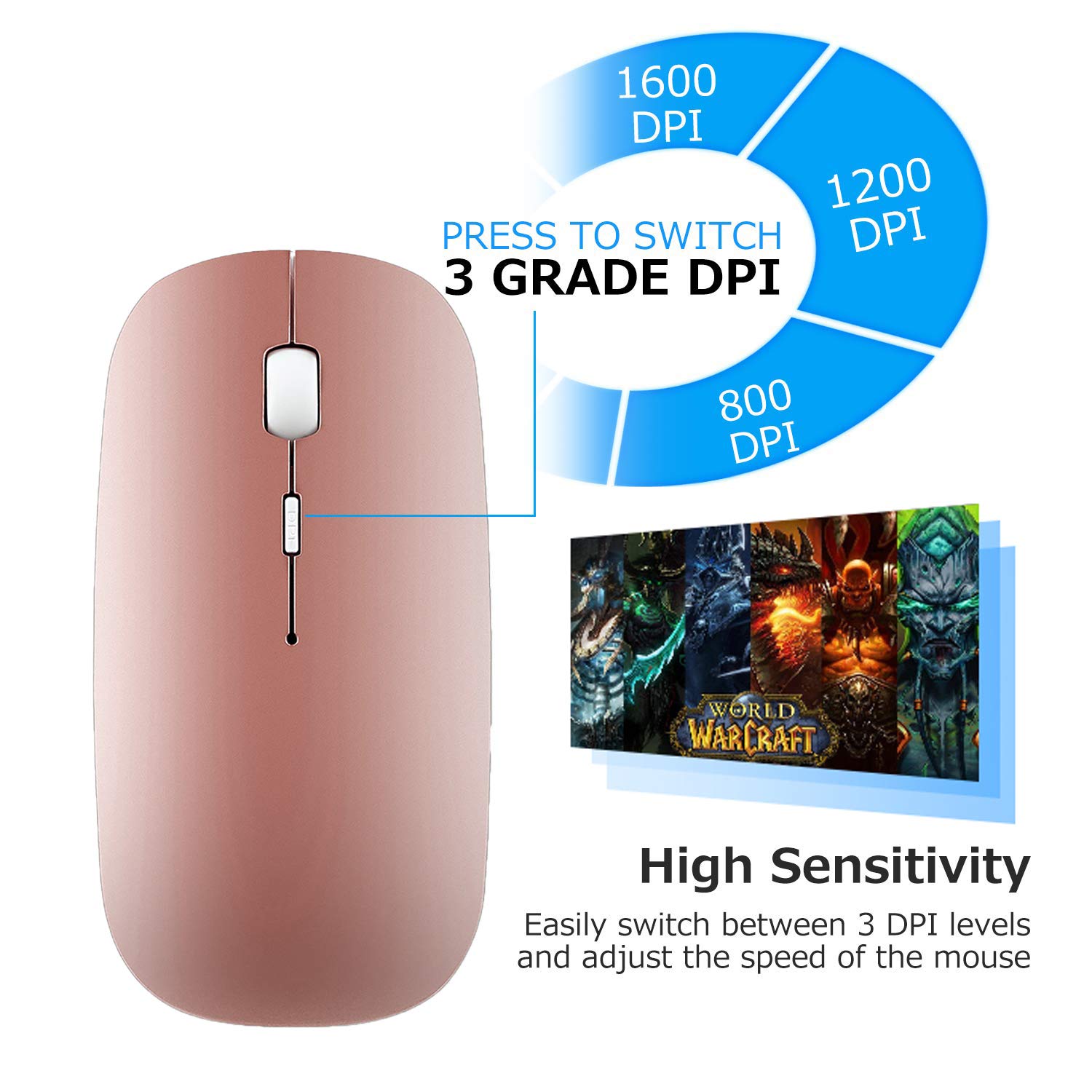 ShuGuoTu 2.4GHz Wireless Bluetooth Mouse, Dual Mode Slim Rechargeable Wireless Mouse Silent USB Mice, 3 Adjustable DPI,Compatible for Laptop Windows Mac Android MAC PC Computer (Rose Gold)