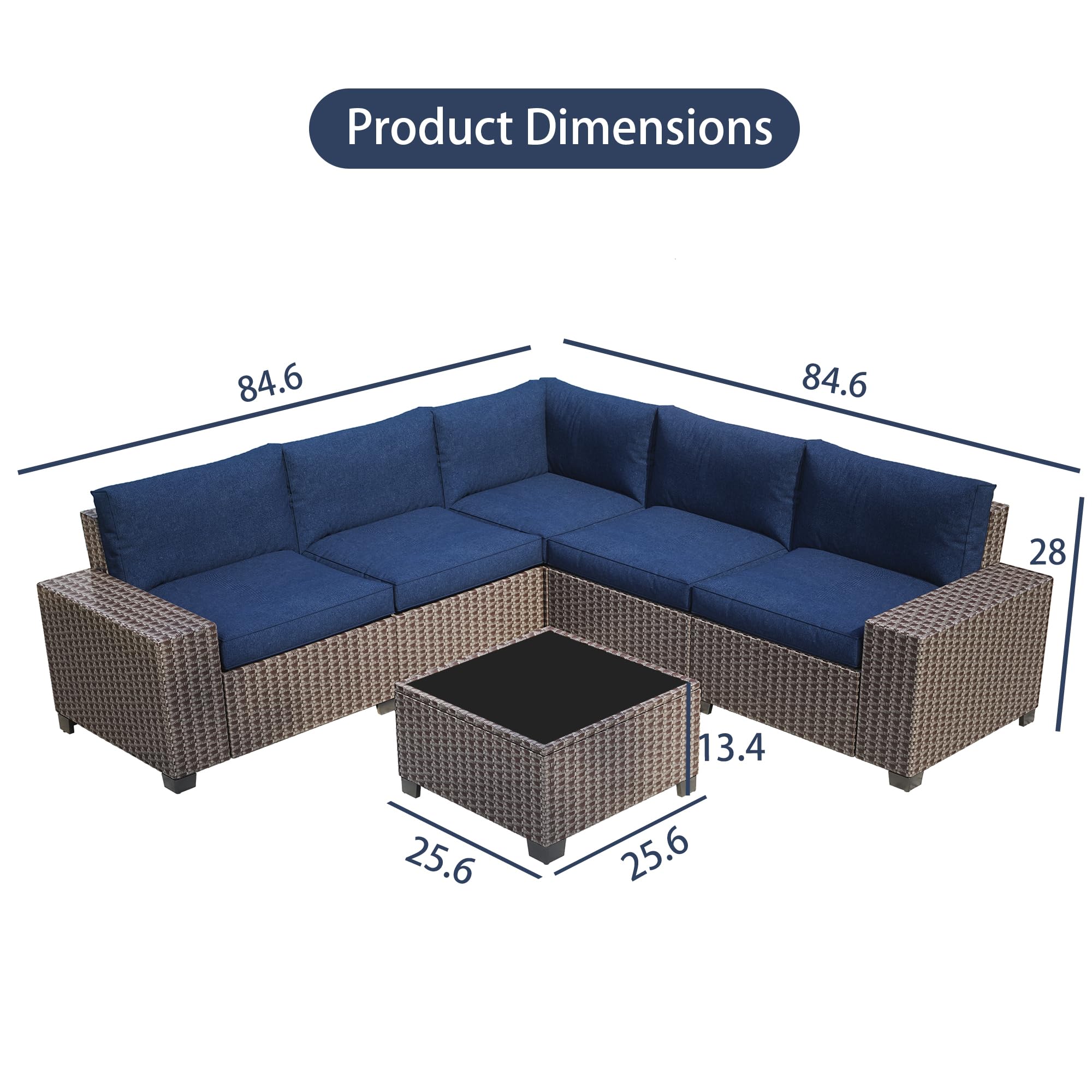 GAOMON 6 Pieces Outdoor Patio Furniture Set, Wicker Patio Conversation Set Sectional Sofa, Brown Patio Sofa with 5 Navy Blue Seat Cushions and 1 Glass Coffee Table