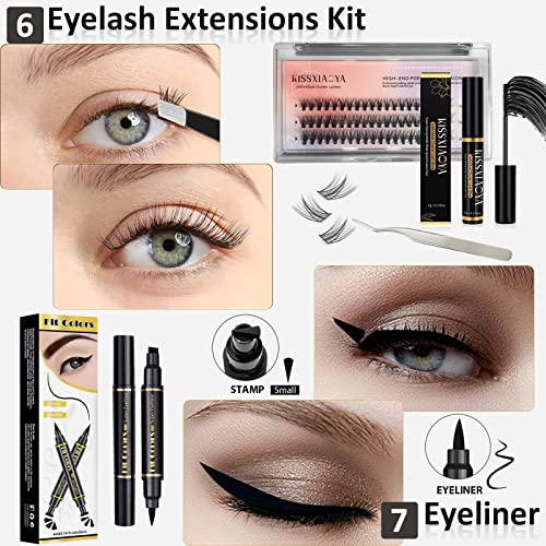 Lookmee All In One Makeup Essential Starter Kit for Beginners or Pros, 18 Colors Naked Eyeshadow Palette Nude Face Primer, Brush, Sponge, Eyebrow Powder, Winged Eyeliner Stamp (SetA)