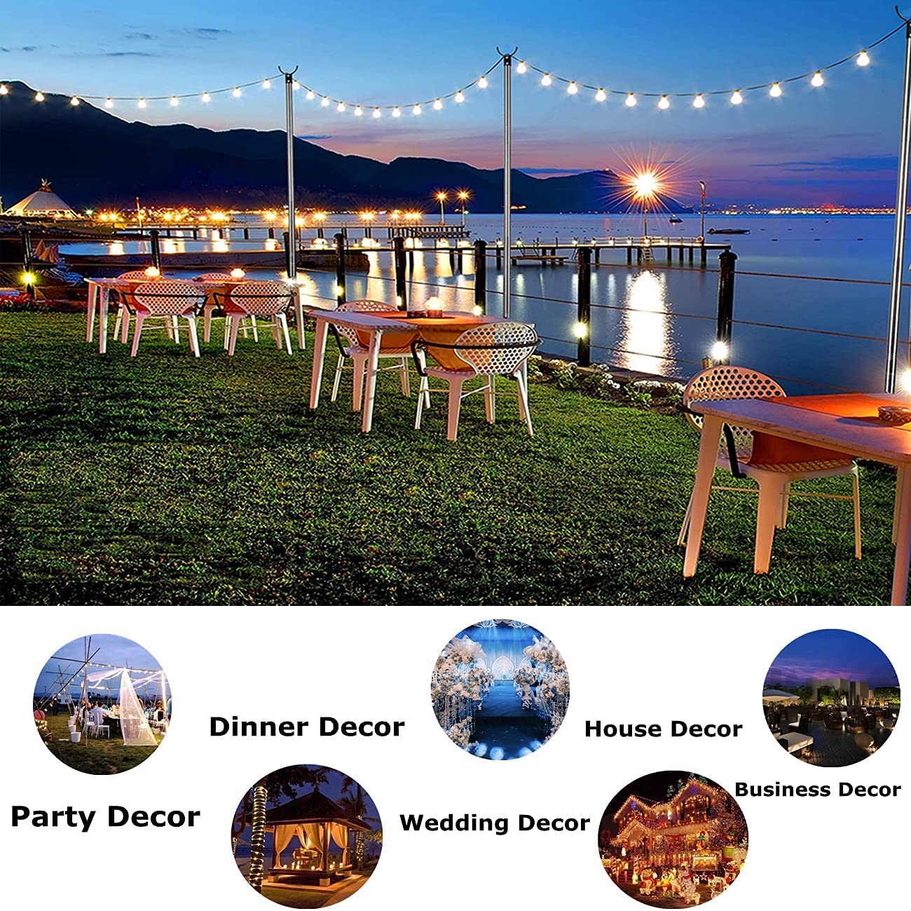 COCONUT Outdoor Light Poles for Lightweight String Lights, 9 FT Stainless Steel Rust-Free Stand Holder LED Solar Hanging Bulbs for Patio, Backyard, Garden (Silver)