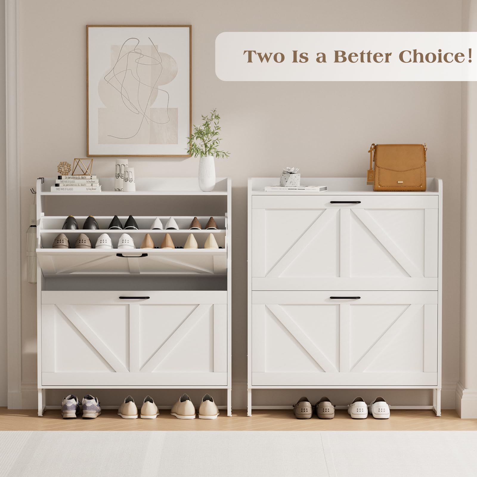 EOYUTLLY Shoe Cabinet Storage for Entryway, Narrow Shoe Rack Cabinet with 2 Flip Drawers, Freestanding Hidden Shoe Rack Storage Organizer, White with Metal Legs