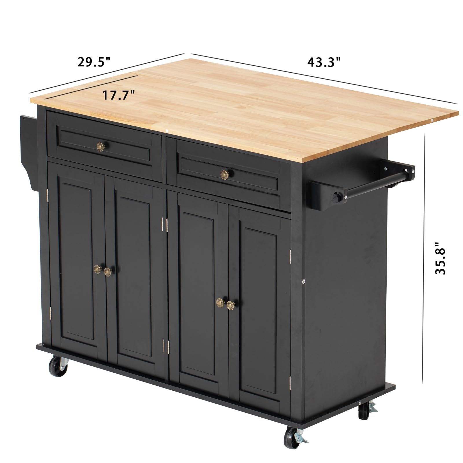 Bvldfamly Kitchen Island with Drop Leaf – Movable Kitchen Carts on Wheels Island with Storage Cabinet and Drawer, Island Table for Kitchen with Spice/Towel Rack, Black