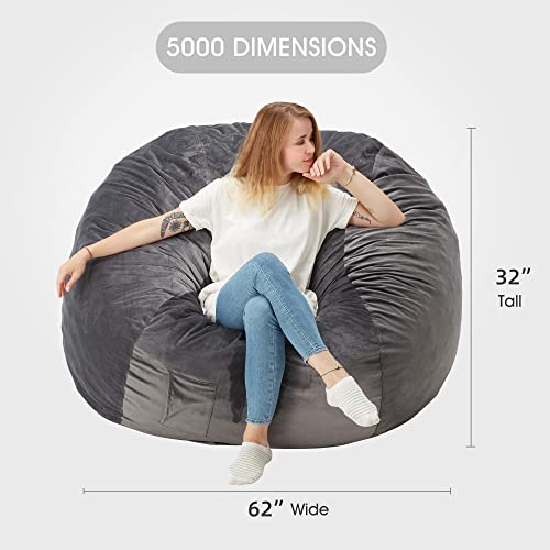 Homguava Bean Bag Chair: 6' Bean Bags with Memory Foam Filled, Large Beanbag Chairs Soft Sofa with Dutch Velet Cover (Grey, 6FT)