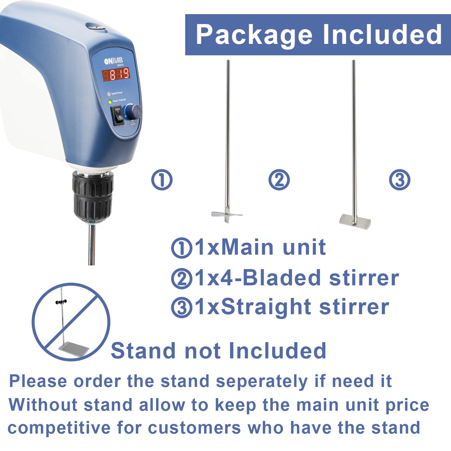 ONiLAB Electric Overhead Stirrer, LED Digital Overhead Stirrer Mixer with Stirring Rod,20L ,10000 mPas , 50~2200RPM, Aluminum Alloy(Stirrer only, Stand not Included)