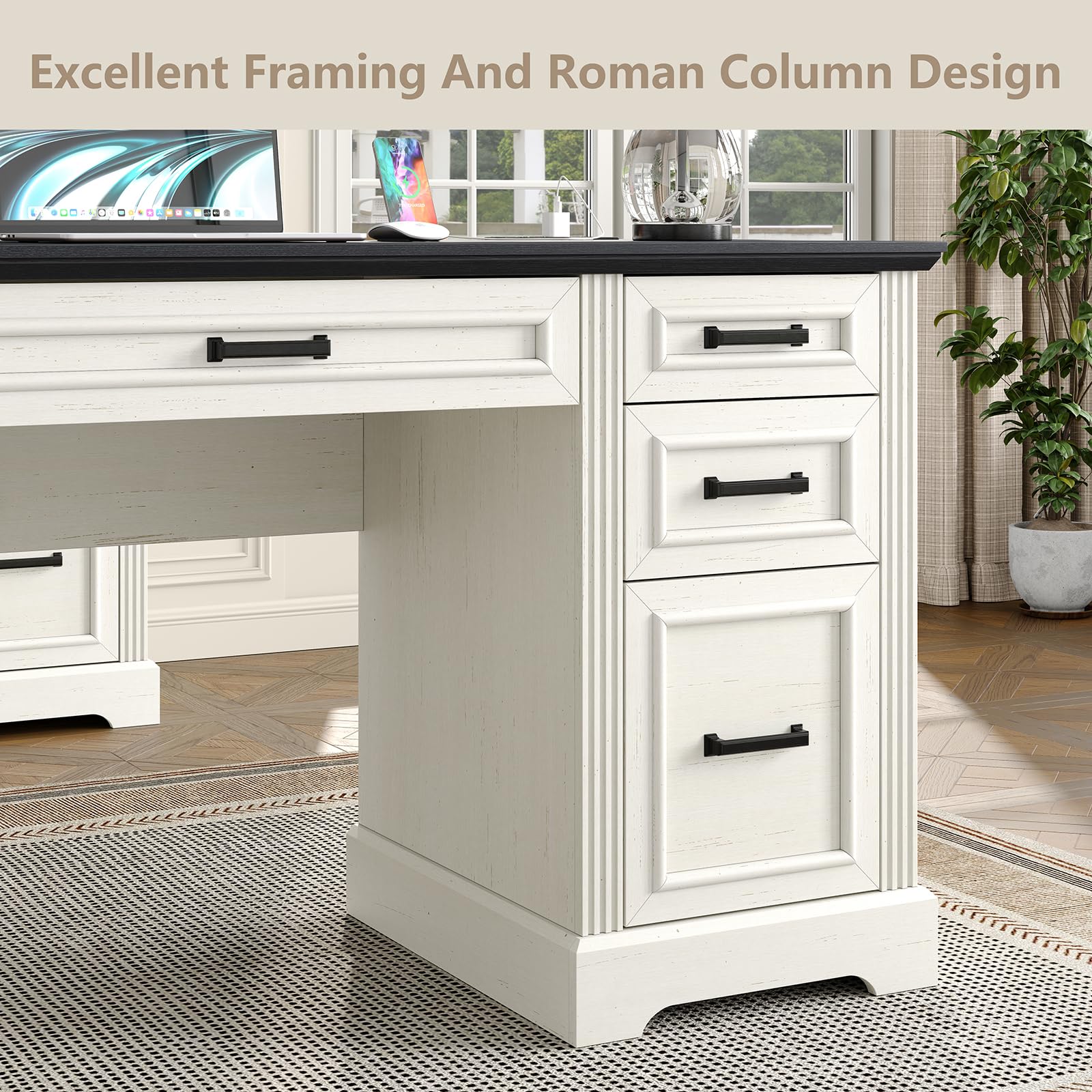 Furnihold 58" Executive Desk, Farmhouse Computer Desk with Drawers and Cabinet with Charging Station, Wooden Home Office Desk, Workspace for Work Study Writing, Black Tabletop, Off White