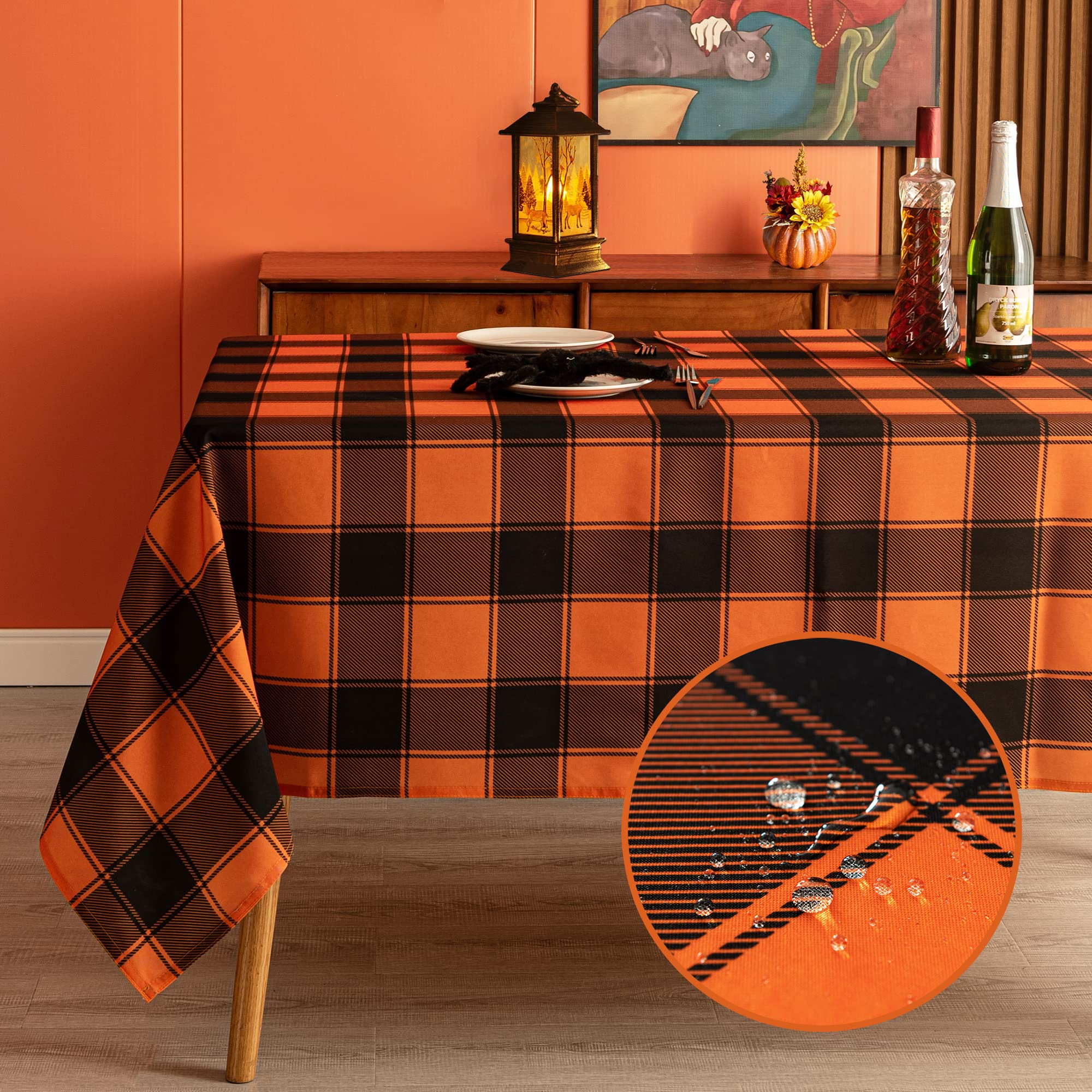 MikiUp Checkered Rectangle Fall Tablecloth - Waterproof, Wrinkle Resistant and Washable Gingham Table Cloth Decorative Table Cover for Party, 160GSM Orange/Black 60 x 84 Inch
