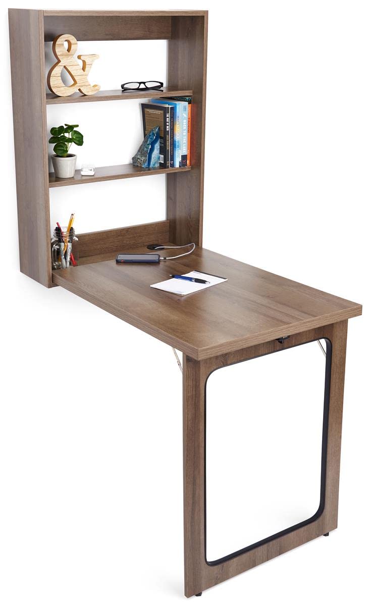 Displays2go Fold Out Desk Wall Mount with Shelves and Whiteboard, 29.5" High Tabletop - Dark Brown (FDWMDWBBRN)