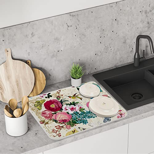 Dish Drying Mats for Kitchen Counter, TOPCARPENTER 18*24 inch Spring Flower& Hummingbirds Dish Drainer Mat, Ultra Absorbent Microfiber Dish Drying Pad for Kitchen Counter Coffee Bar