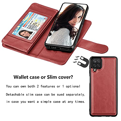 NJJEX Wallet Case for Samsung Galaxy A12, for Galaxy A12 Case 6.5", [9 Card Slots] PU Leather Credit Holder Folio Flip [Detachable] Kickstand Magnetic Phone Cover & Lanyard for Samsung A12 [Wine Red]